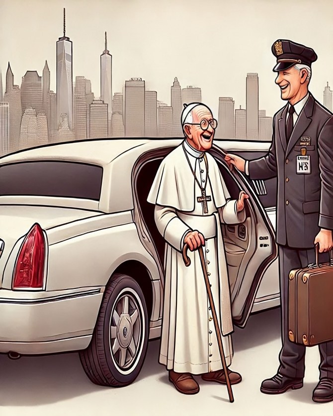 An elderly Pope arrives in New York and is picked up at the airport by ...